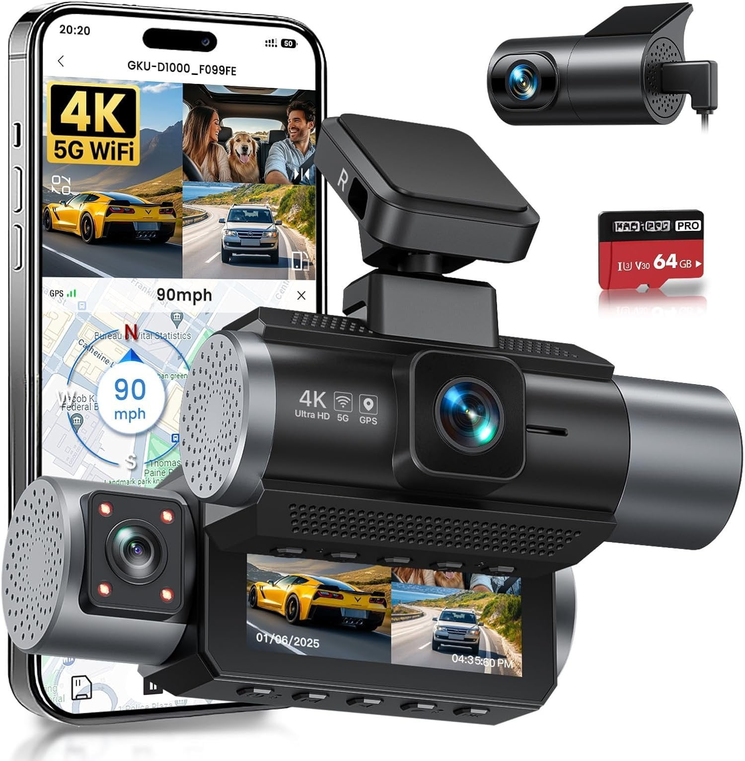 4K 3 Dash Cam, 5.8GHz WiFi Built-in GPS, 4K+1080P+1080P Dash Cam Front ...