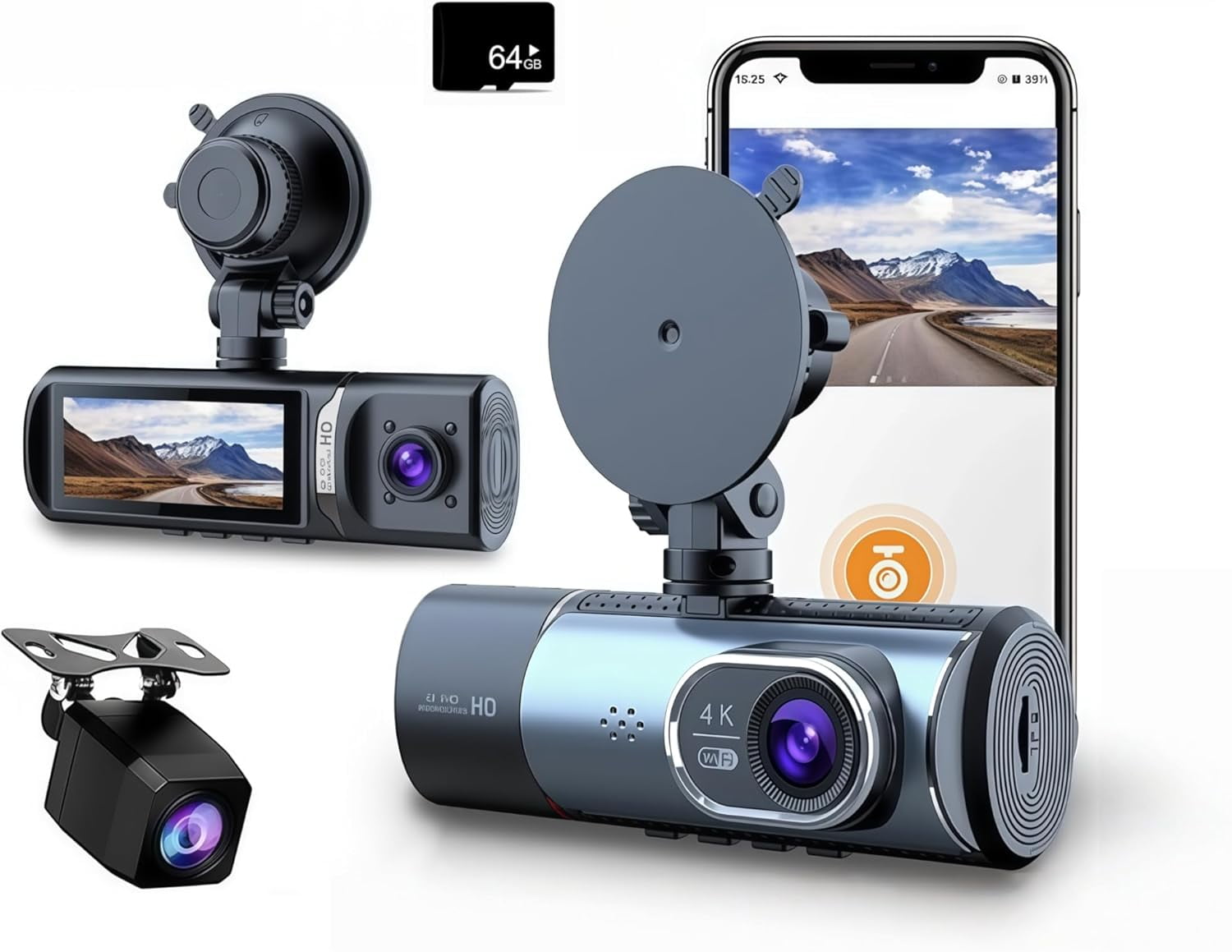 4K 3 Dash Cam, 5GHz WiFi Built-in GPS with 64GB Card, 4K+1K+1K Front ...