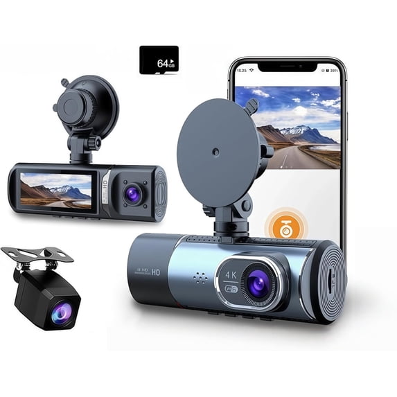 4K 3 Dash Cam, 5GHz WiFi Built-in GPS with 64GB Card, 4K+1K+1K Front ...