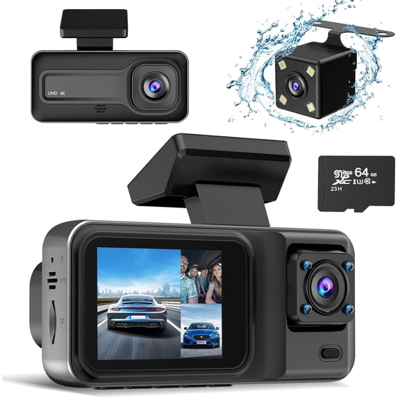 4K 3 Dash Cam with 64GB Card, 4K+1080P+1440P Dash Cam Front and Rear ...