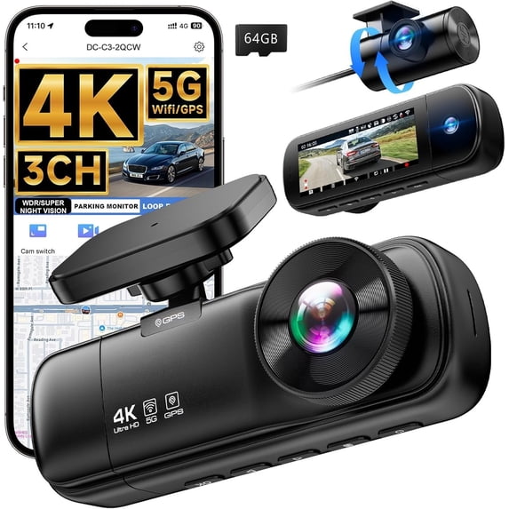 4K 3 Dash Cam, Dash Cam Front and Rear C3, 64GB Card, 4K+1080P+1080P ...