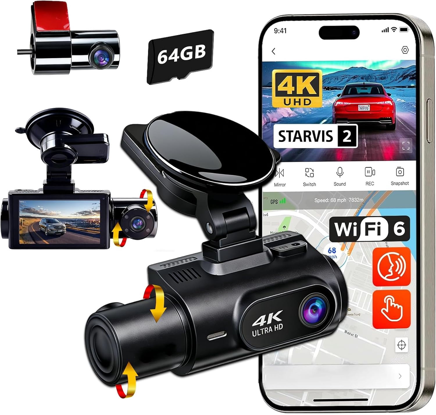4K++ 3 Dash Cam Front Inside Rear, Built-in GPS WiFi 64GB Card, UHD ...