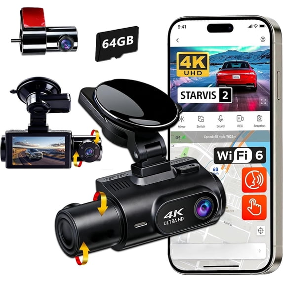 4K++ 3 Dash Cam Front Inside Rear, Built-in GPS WiFi 64GB Card, UHD ...