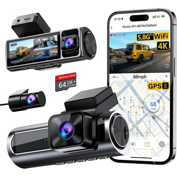 4K 3 Dash Cam Front and Rear Inside, Built-in 5.8GHz WiFi GPS, 64GB ...