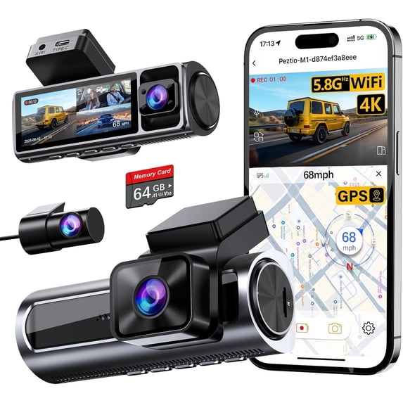4K 3 Dash Cam Front and Rear Inside, Built-in 5.8GHz WiFi GPS, 64GB ...