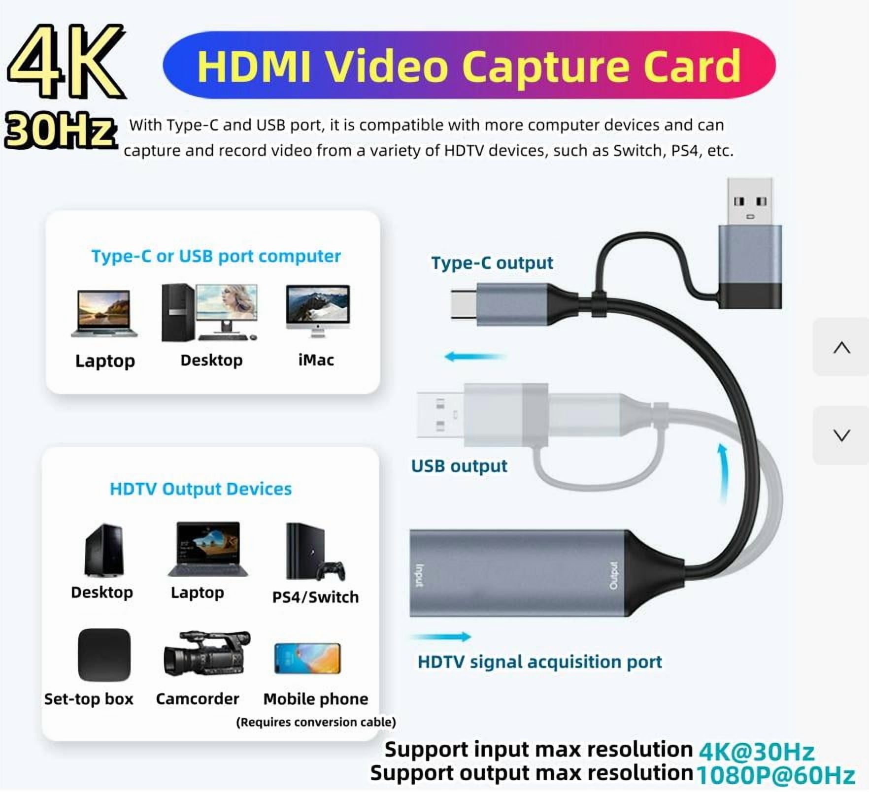 4K 30Hz HD USB 3.0/Type C Video Capture Card 2-in-1HD 4K Game Live ...