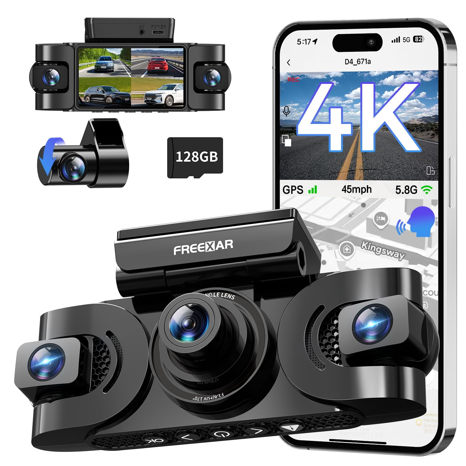 4K 360° Dash Cam, 4-Channel Dash Camera for Cars, Full Coverage Front Rear Left Right Inside ...