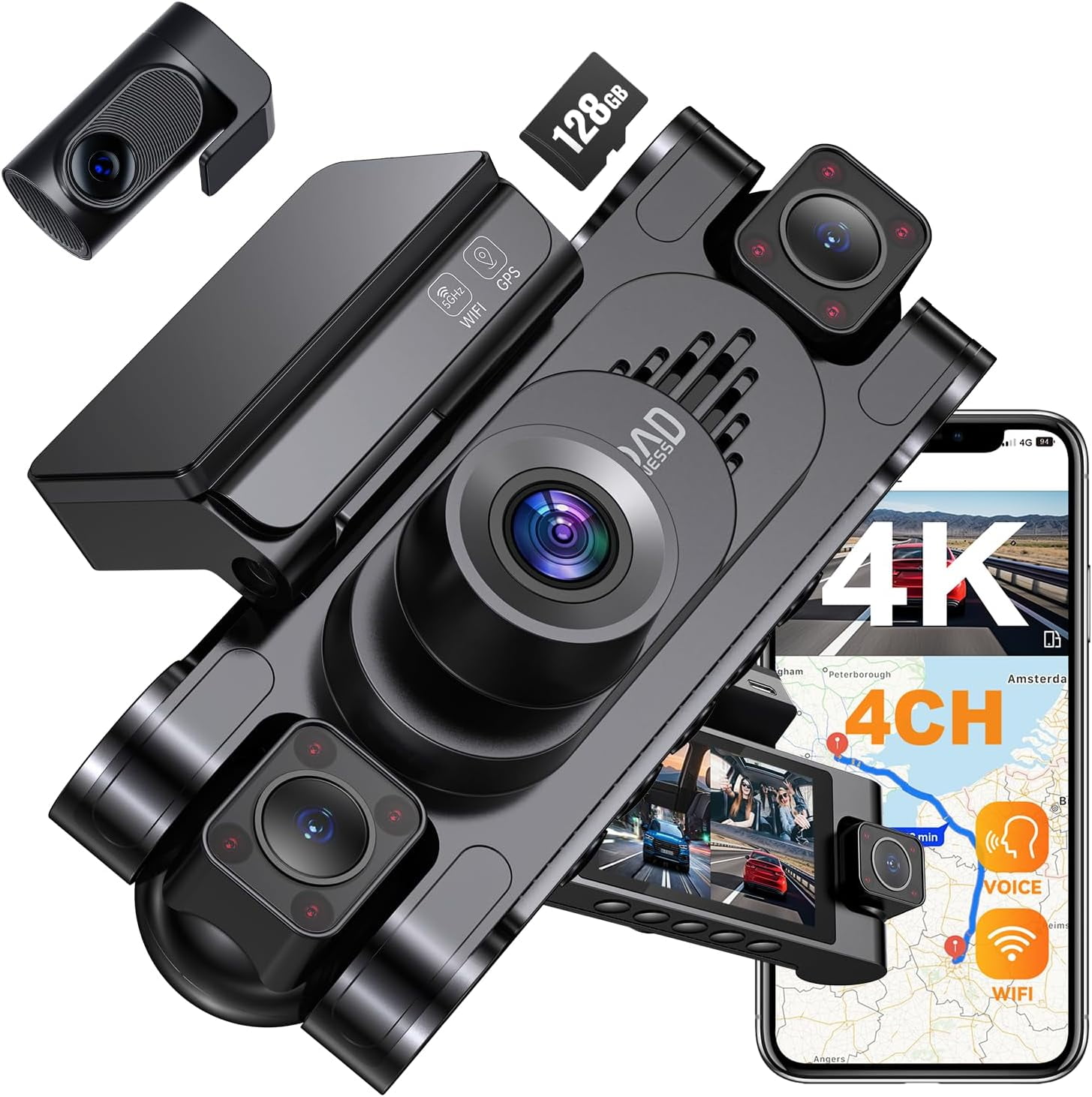 4K 360? DashCam for ,4 Dash Cam Front and Rear Inside with 128GB Card ...
