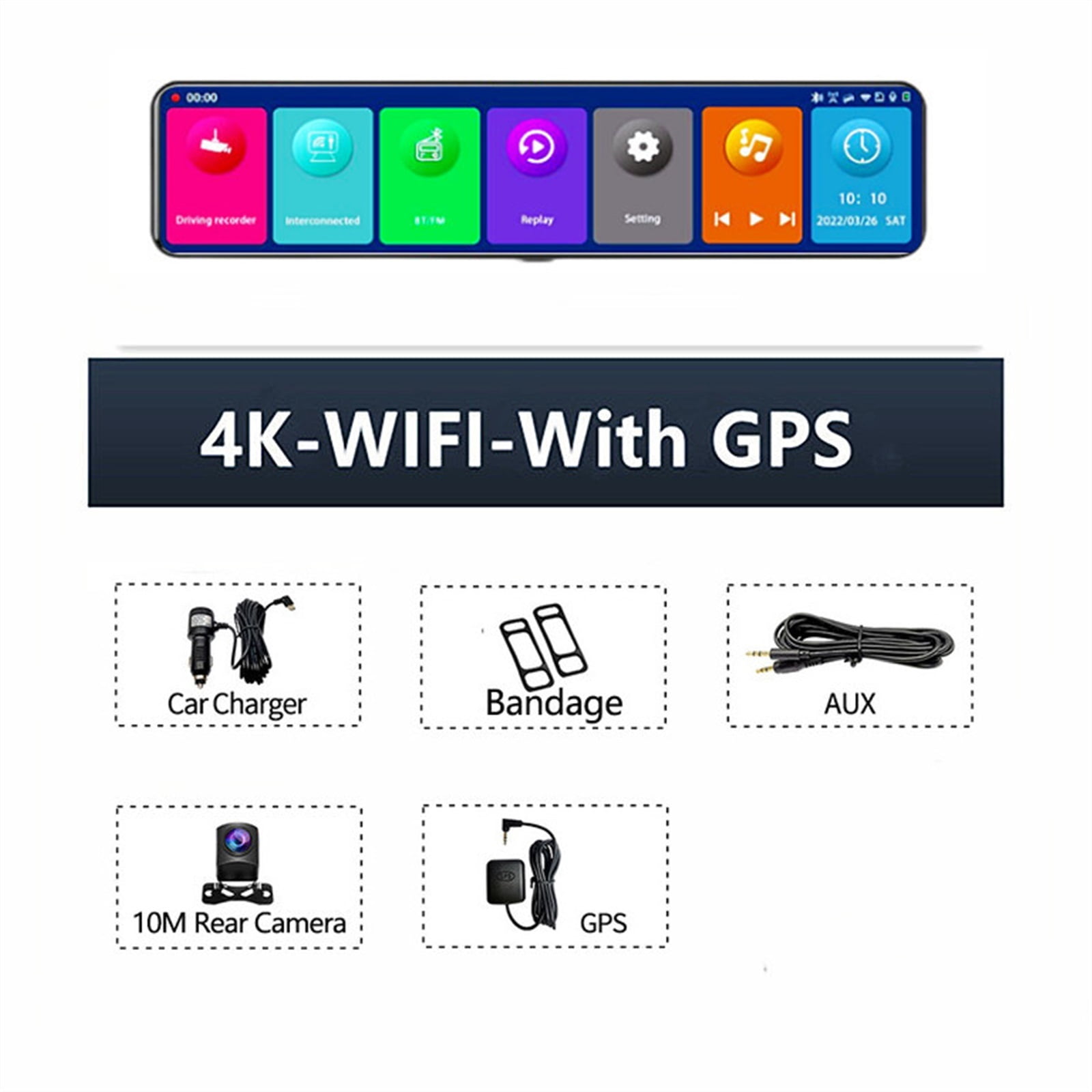 4K 3840*2160P 12 Inch Car Dvr Dash Cam GPS APP Rear View Mirror 1080P ...