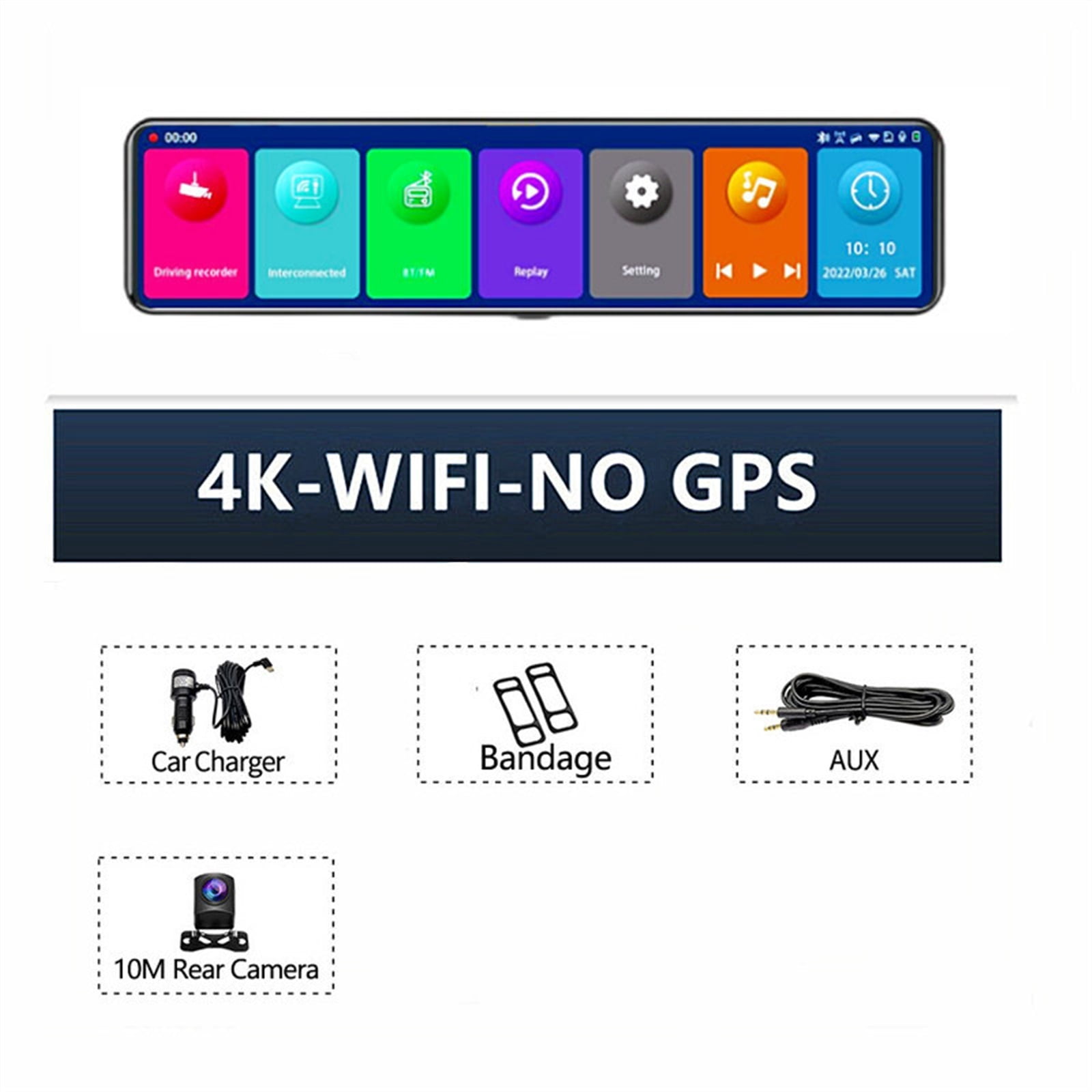 4K 3840*2160P 12 Inch Car Dvr Dash Cam GPS APP Rear View Mirror 1080P ...