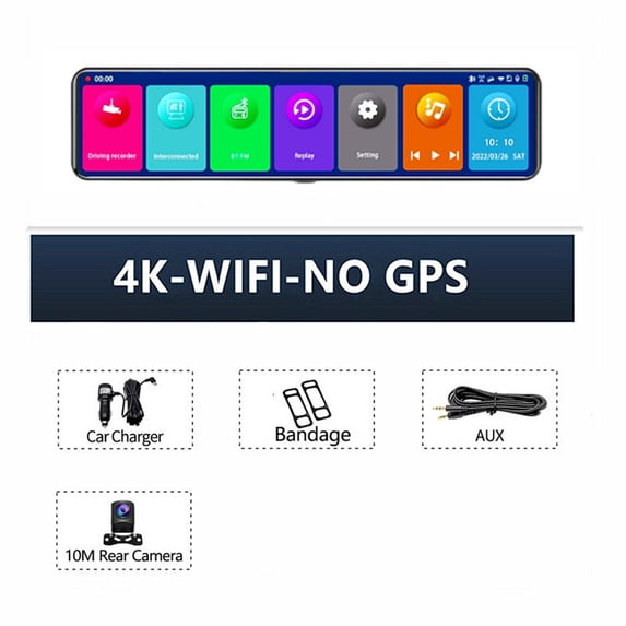 4K 3840*2160P 12 Inch Car Dvr Dash Cam GPS APP Rear View Mirror 1080P ...