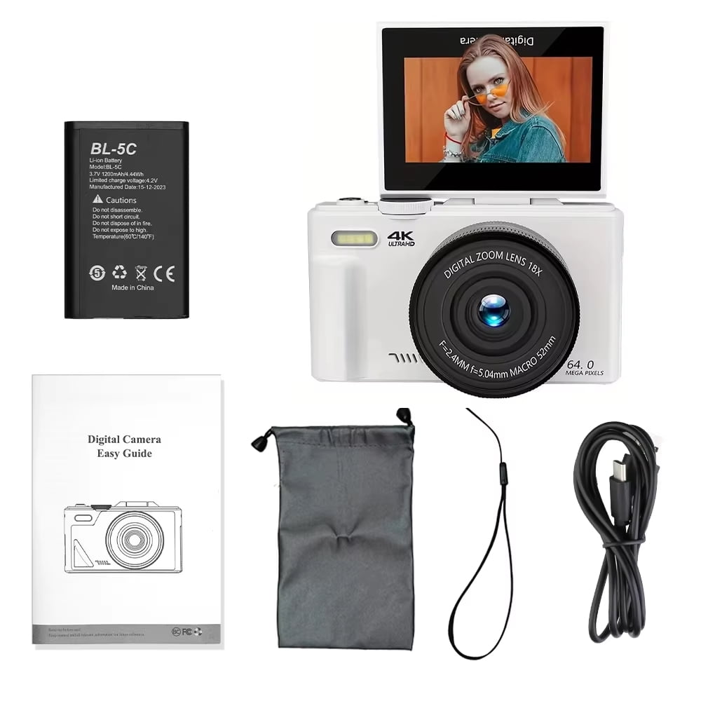 4K/48MP Vlogging Camera with 180 ° Flip Screen, 18X Digital Zoom & WiFi ...