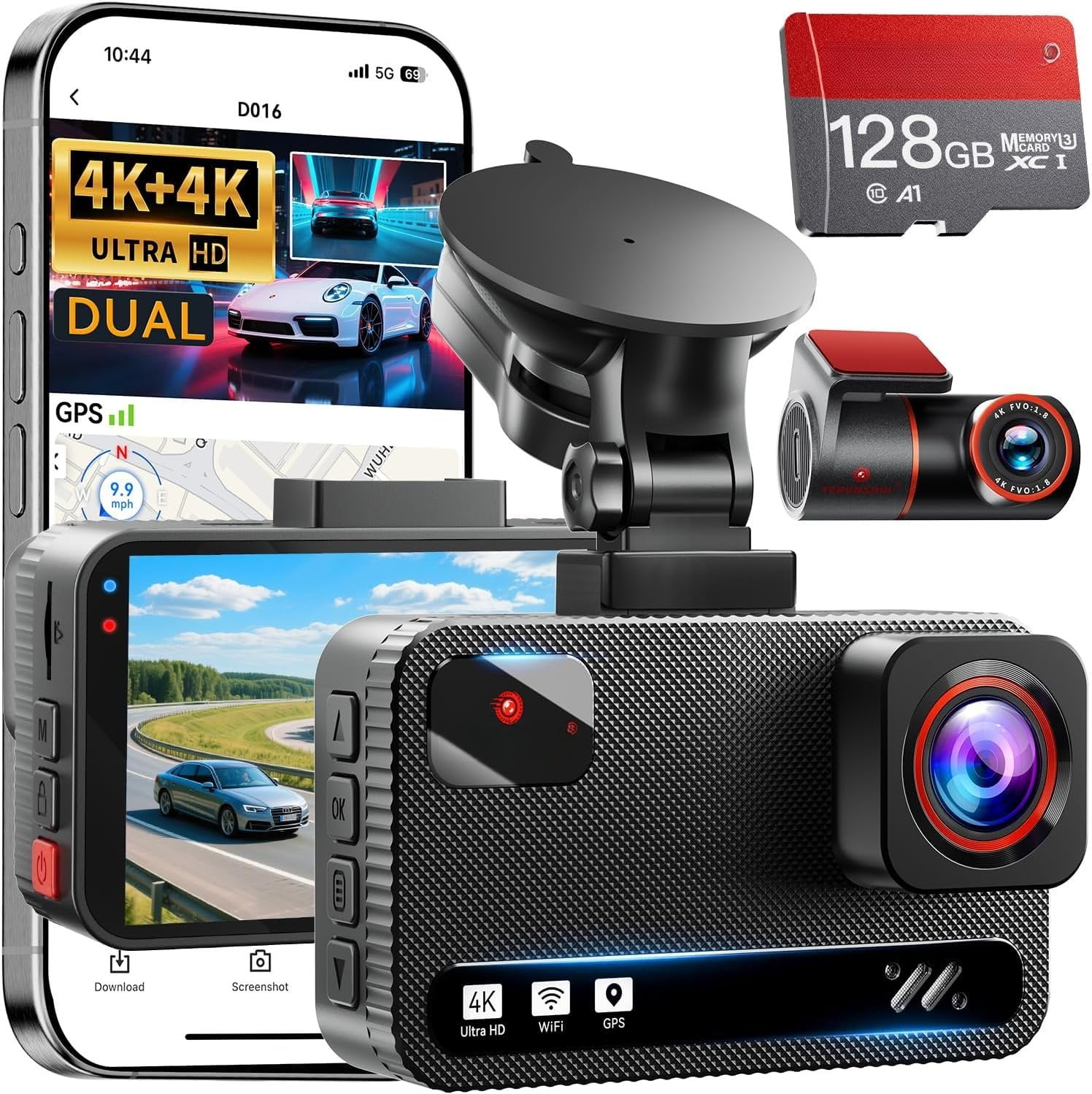 4K+4K Dash Cam Front and Rear, 128GB Card Included, 5.8GHz WiFi Dash ...