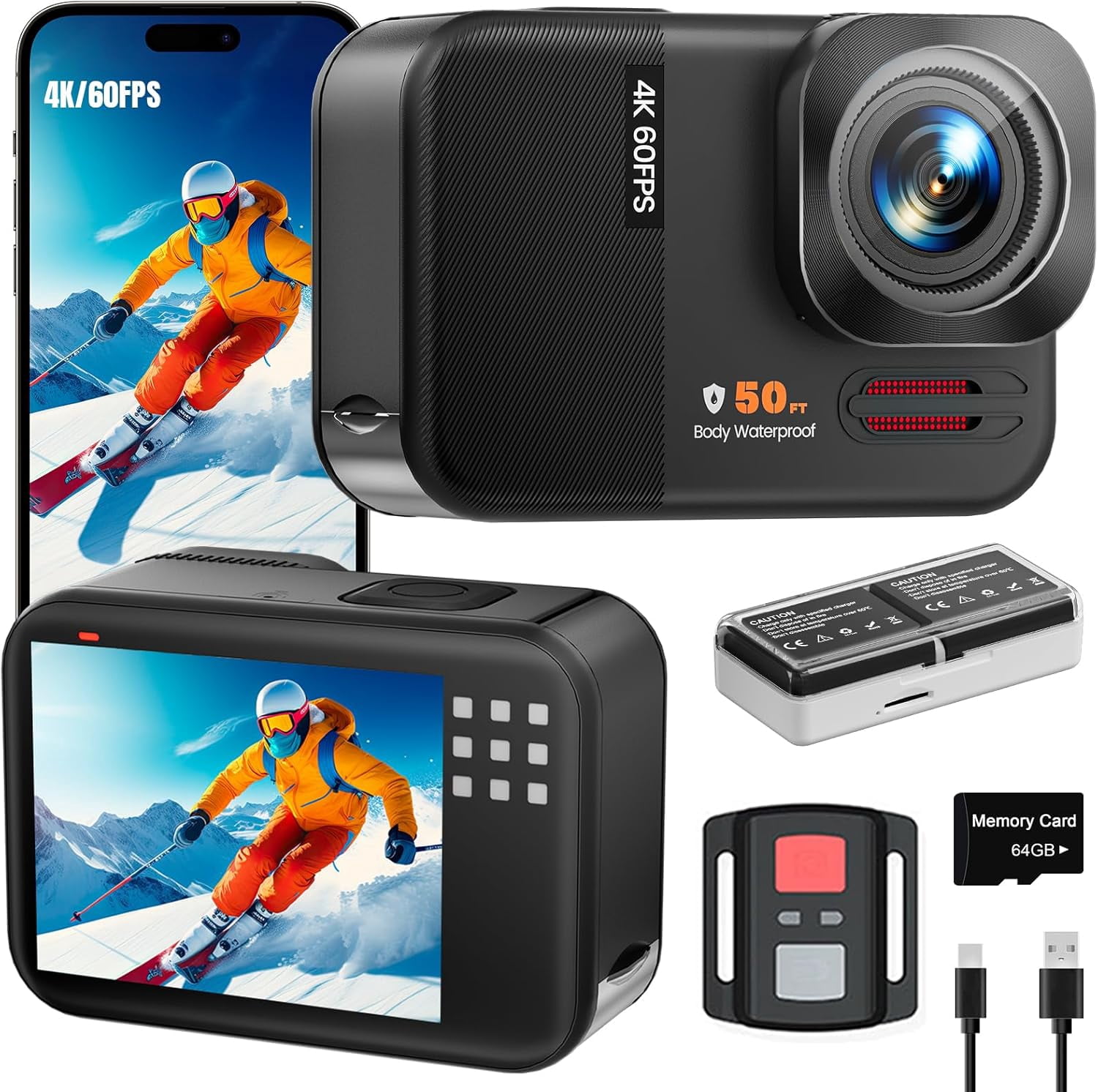 4K 60FPS 48MP WiFi Action Camera with Touch Screen, 50FT Underwater ...