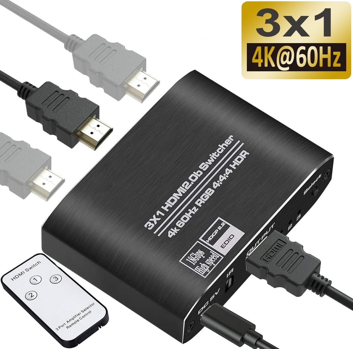 4K@60Hz HDMI Switch, 4K HDMI Switcher 3 Port, 3X1 HDMI Auto Switch 3X1 Selector with IR Remote ...