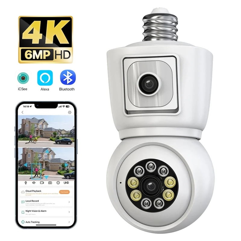 4K 6MP WiFi Camera E27 Bulb Dual Lens Dual Screen Auto Tracking Two Way ...