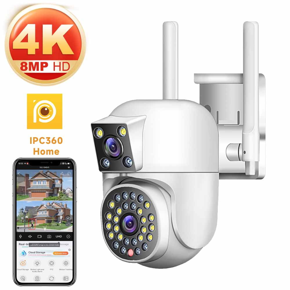 4K 8MP Dual Screen Dual Lens WIFI Camera 2K PTZ Camera Outdoor IP66 ...