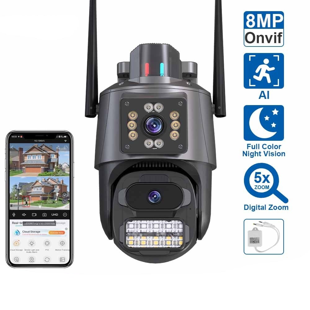 4K 8MP WiFi Surveillance Camera, Dual Lens, 4X Digital Zoom, AI Human Detect, ONVIF, Outdoor ...