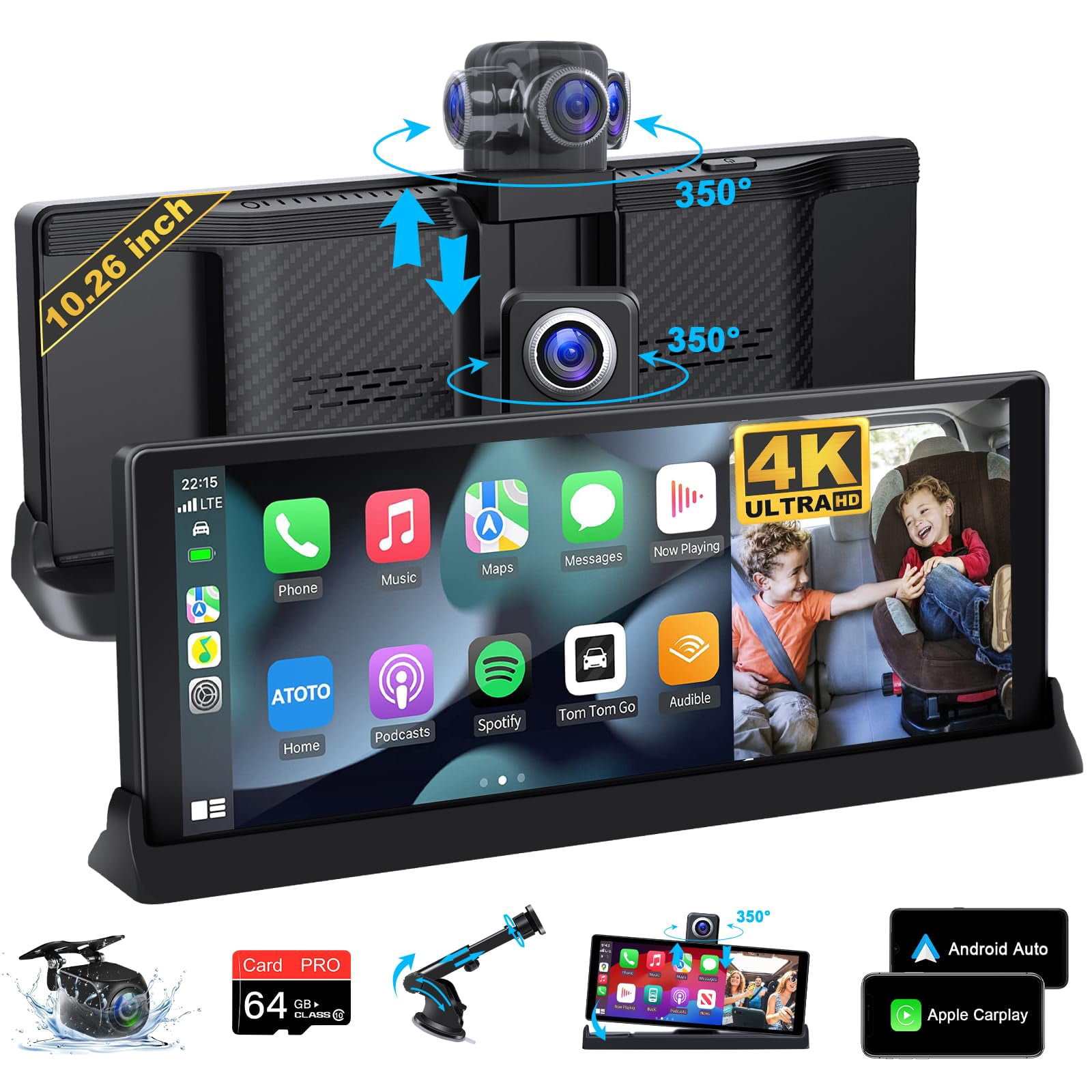 4K Apple with 350° Rotatable Camera 10.26" Screen for Car Auto ...