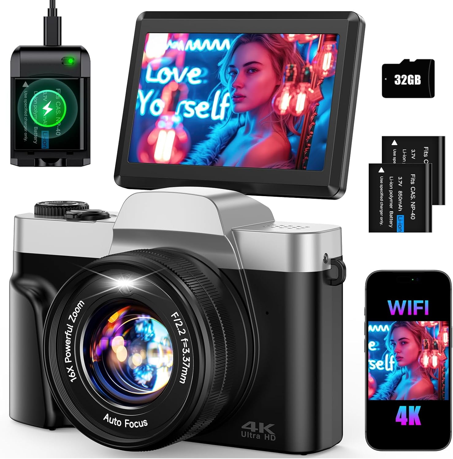 4K Camera for Photography 64MP WiFi Vlogging Camera for YouTube Autofocus 3" 180° Flip Screen ...