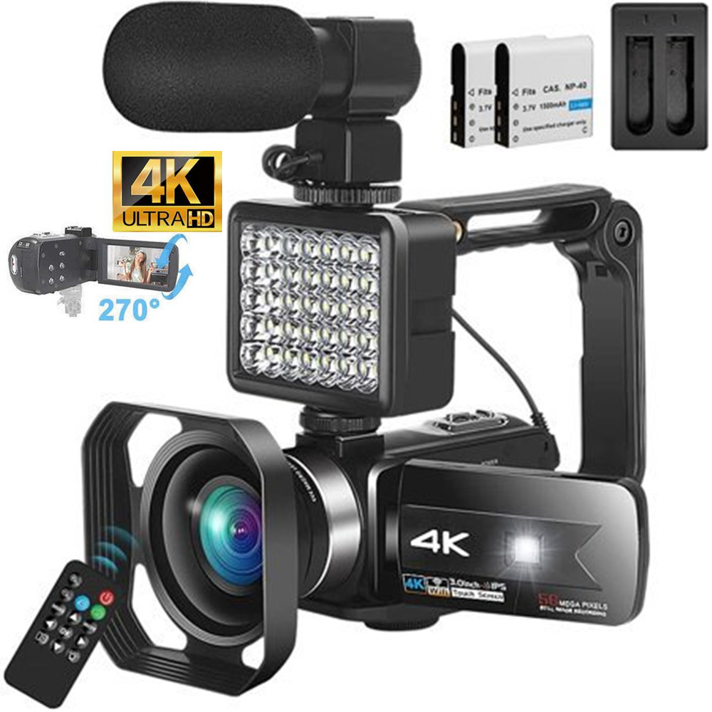4K HD Camcorder for YouTube, LED Light, Night Vision, 16X Zoom, Mic, 2 ...