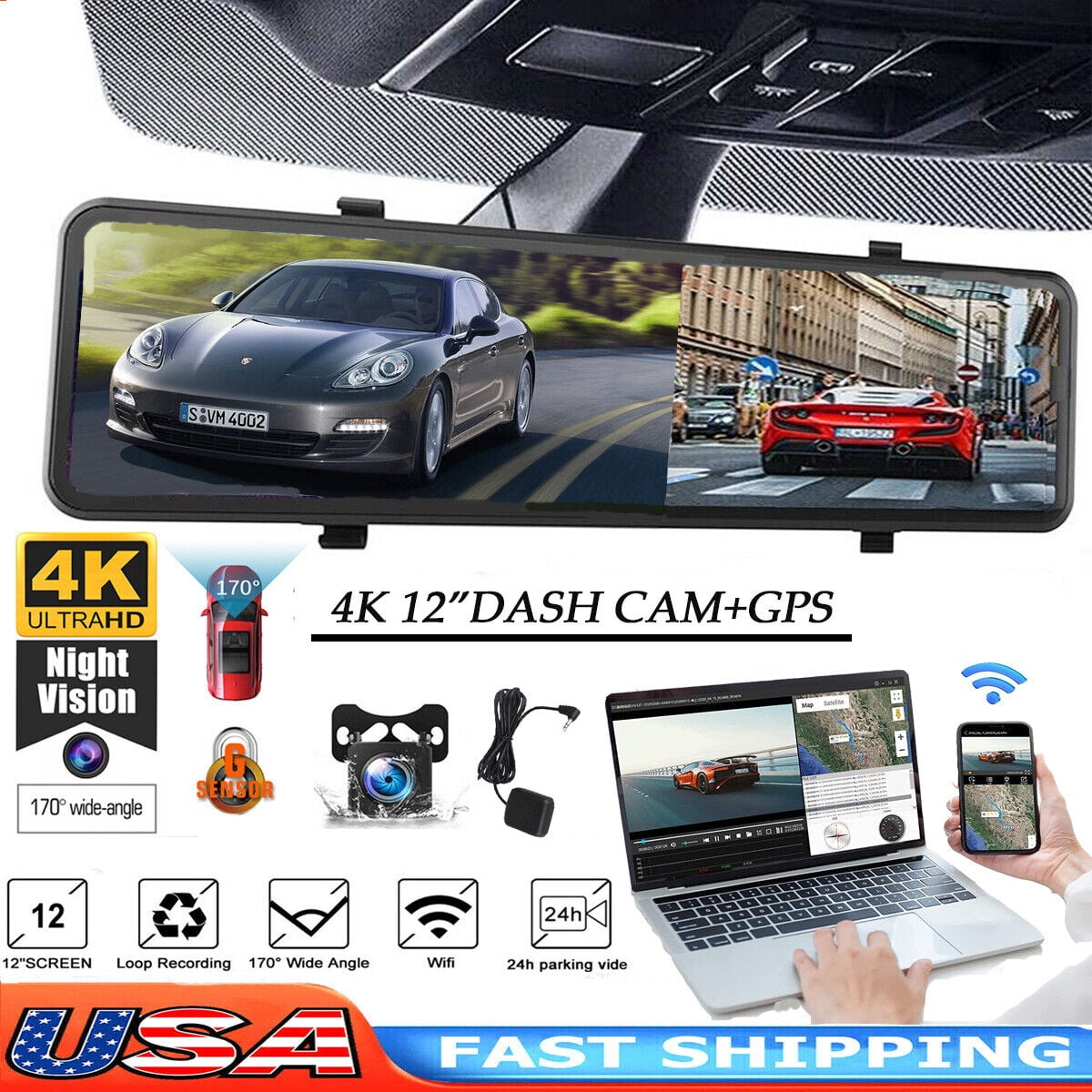 4K Car Mirror Dash Cam 12" Dual Camera Front and Rear Backup Camera ...