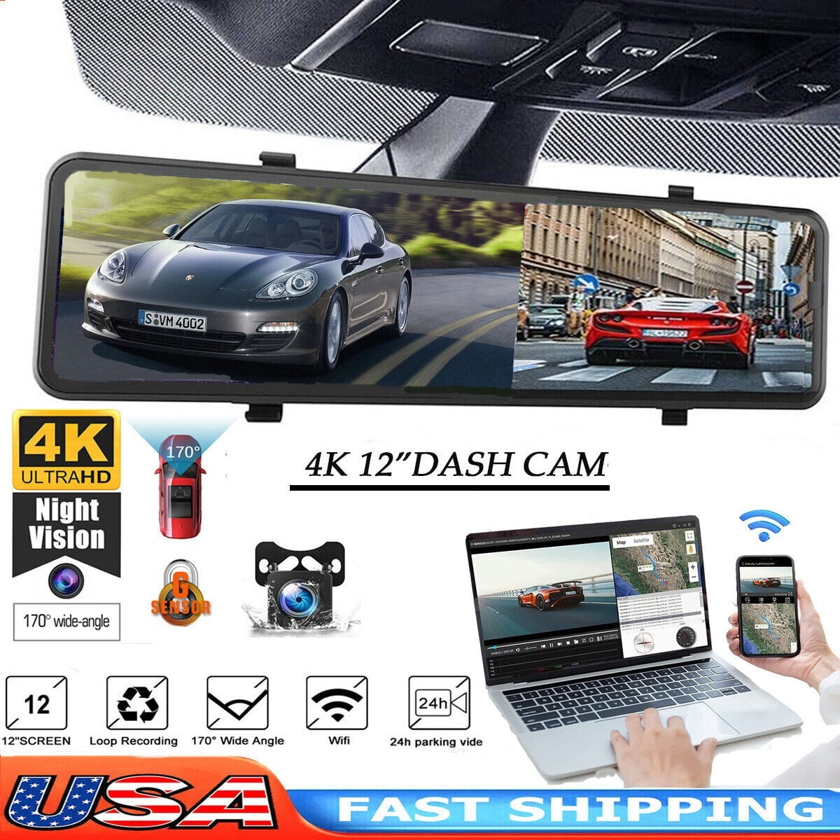 4K Car Mirror Dash Cam 12" Dual Camera Front and Rear Backup Camera ...