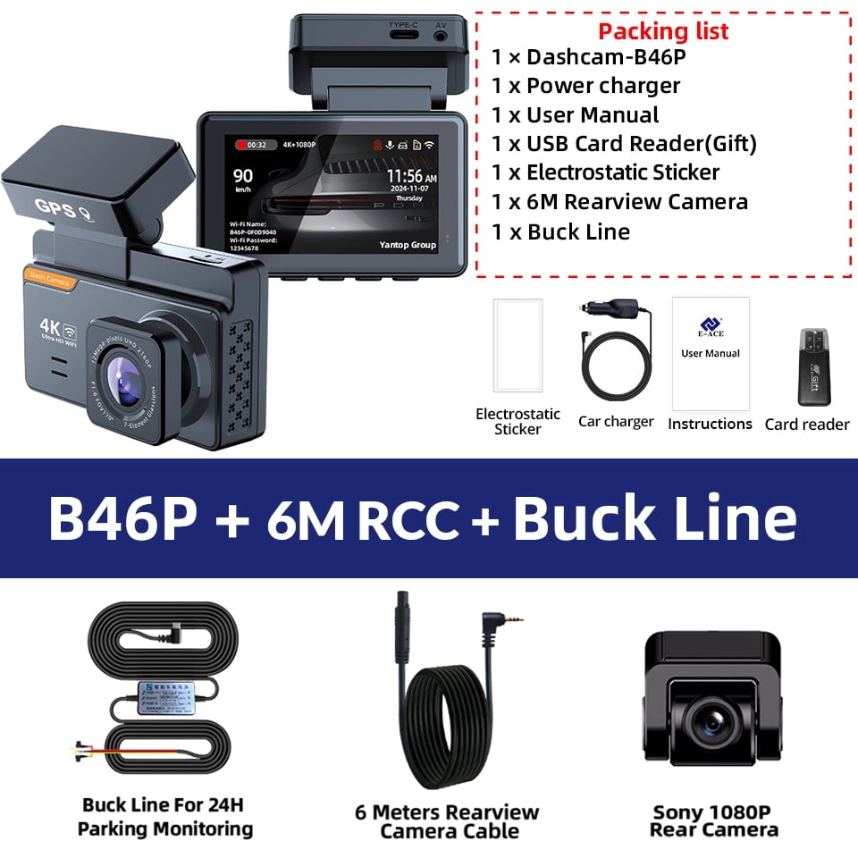 4K Dash Cam Car DVR Support WIFI GPS 4K Front And 1080P Rear Rear ...