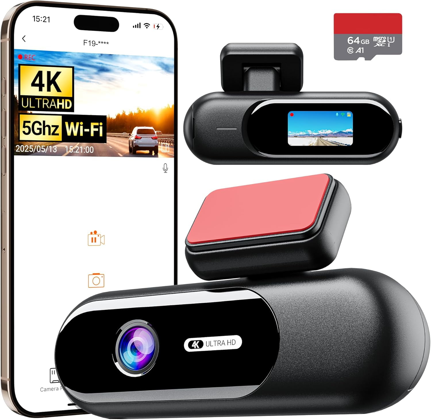 4K Dash Cam Front,Built-in 5G WiFi,64GB Card Included, Dash Camera for ...