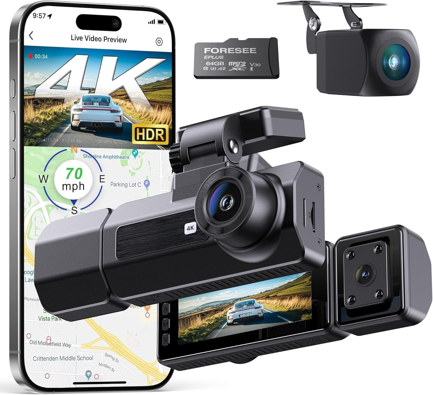 4K Dash Cam Front and Rear, 3 Dash Camera with IMX335 Night Vision ...
