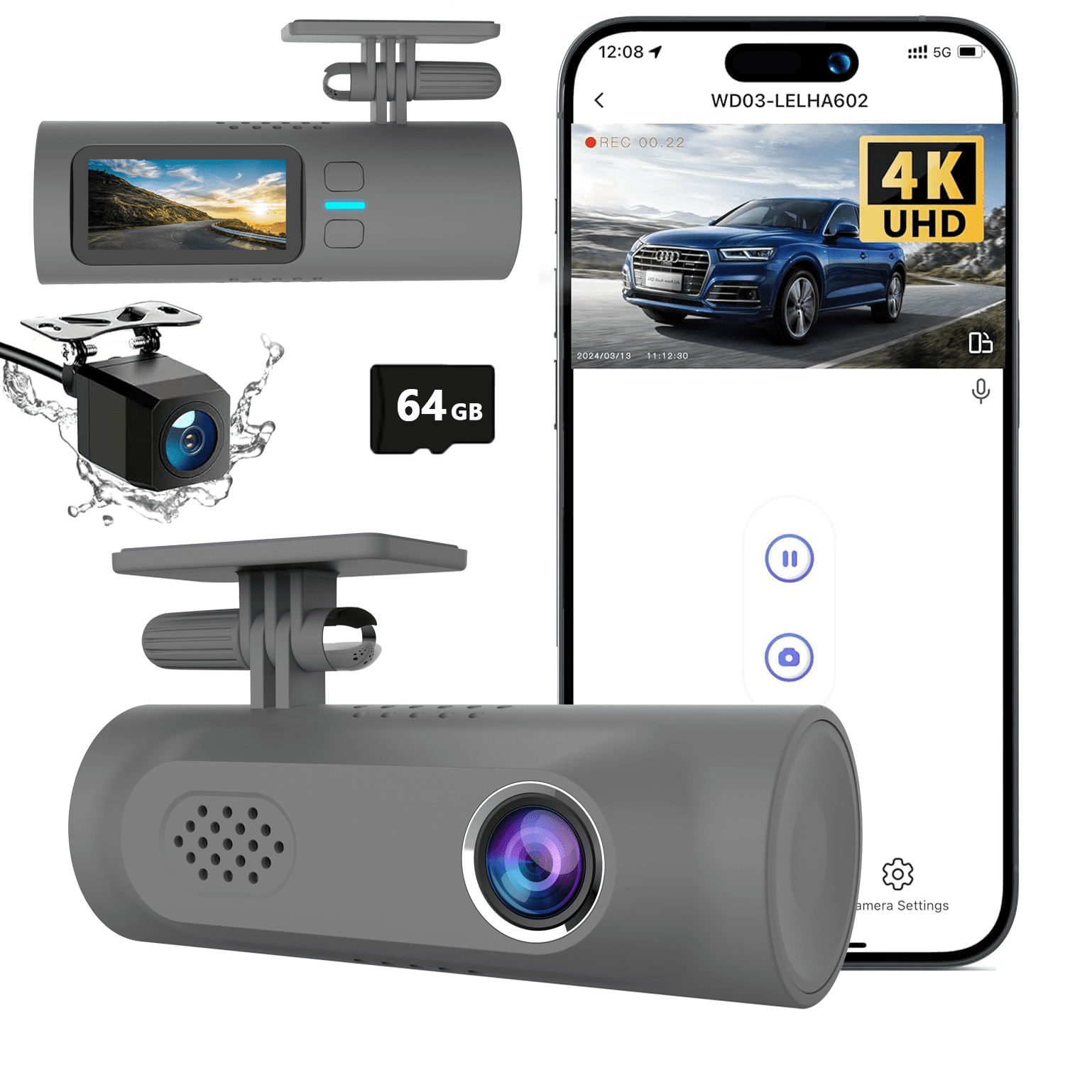 4K Dash Cam Front and Rear with 64GB Card, Ultra HD Dashboard Camera ...