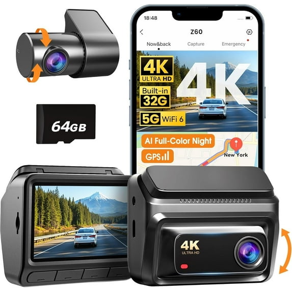 4K Dash Cam Front and Rear, Built-in 32G eMMC Dual Dash Camera,64GB ...
