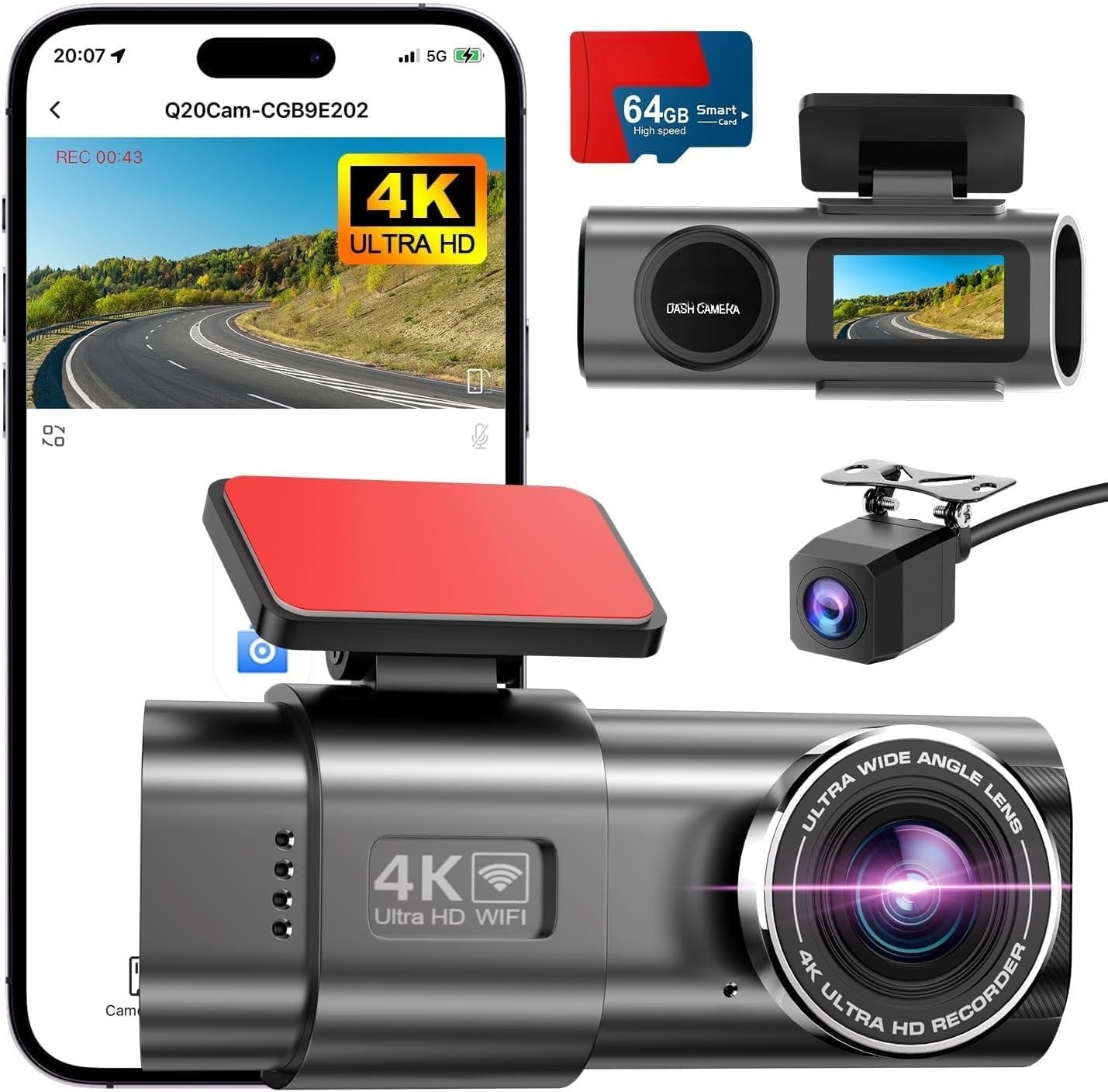 4K Dash Cam Front and Rear, Built-in WiFi, 170? Wide Angle, Night ...