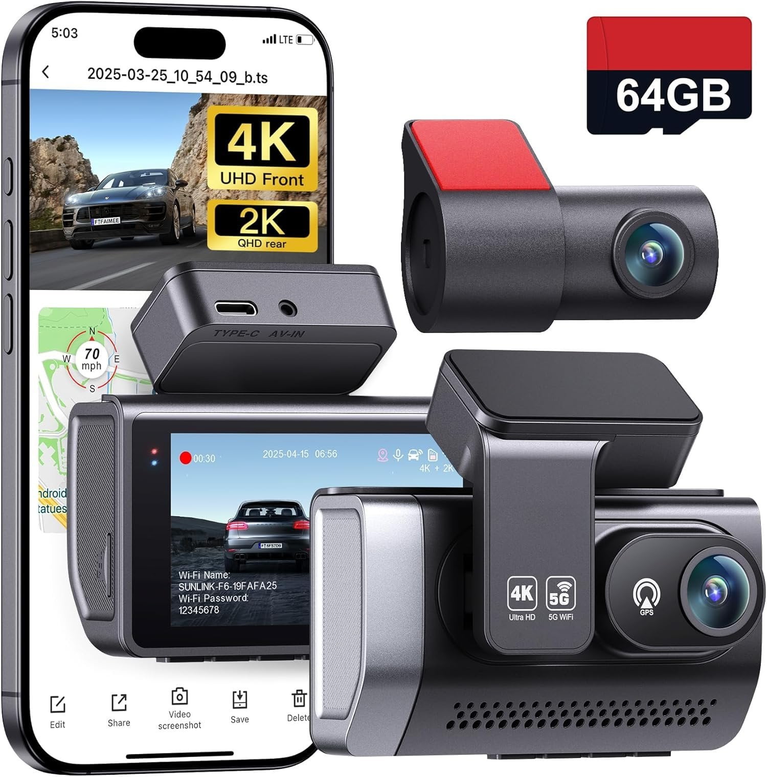 4K+ Dash Cam Front and Rear, Dash Camera for 2 , 64GB Card Included, 5 ...