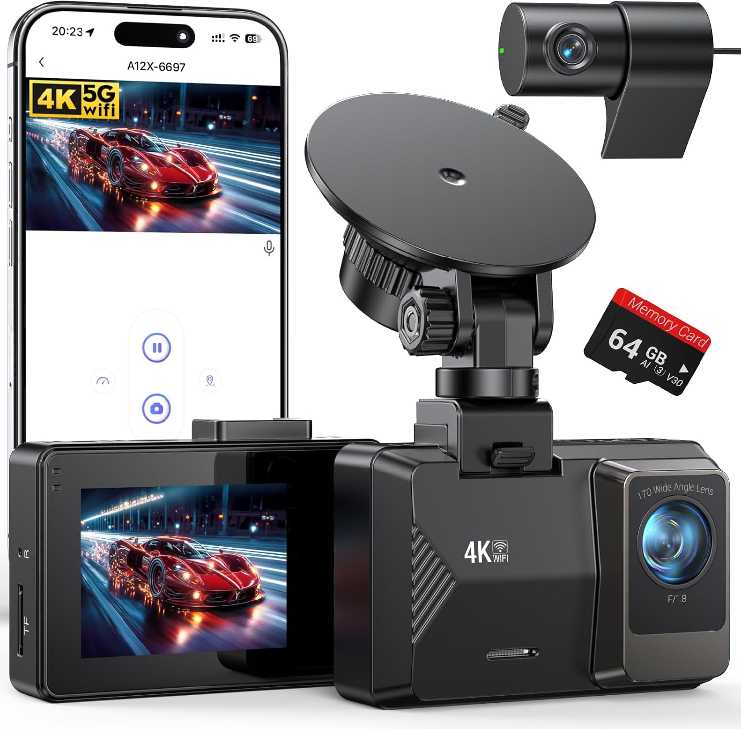 4K Dash Cam Front Rear, Dual Dash Cams with 64GB Card 4K+1080P, Dash ...