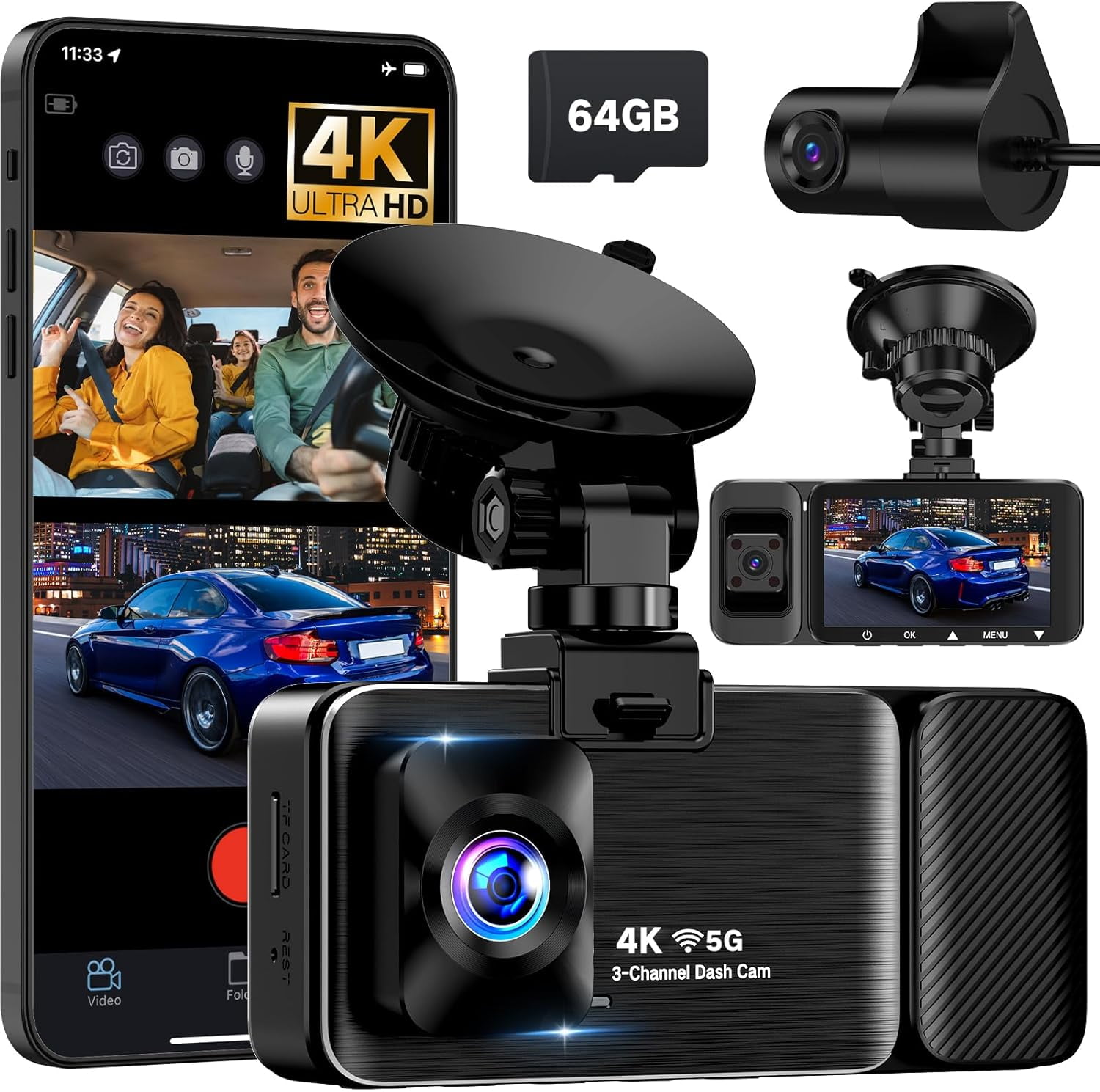 4K Dash Cam Front and Rear Inside, 3 Dash Camera for with 64GB SD Card ...