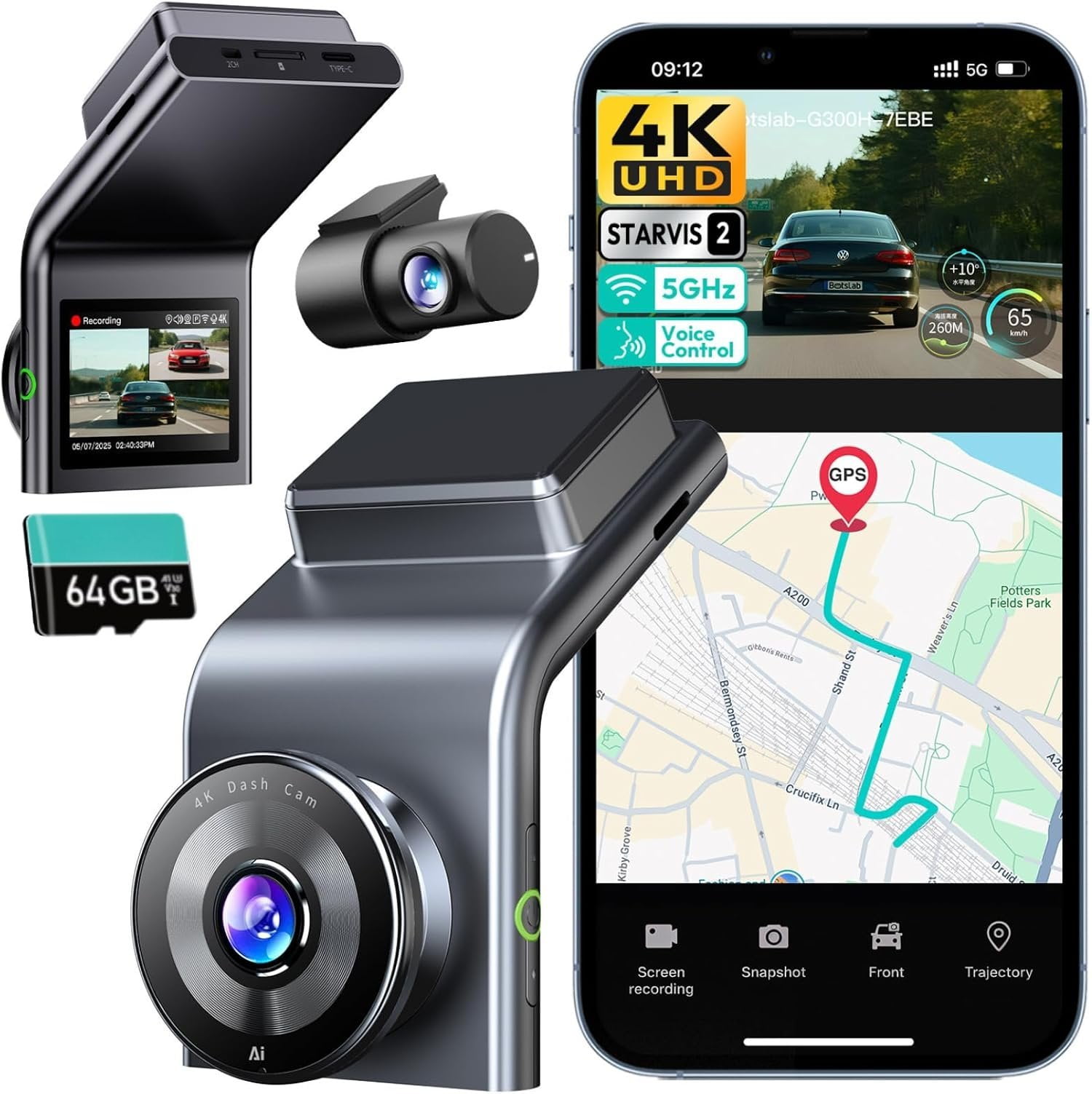 4K Dash Cam Front and Rear, STARVIS 2 Sensor, Voice Control, 64GB Card ...