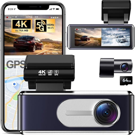4K Dash Cam Front and Rear,with 64GB Card,Built in 5.8GHz WiFi & GPS ...
