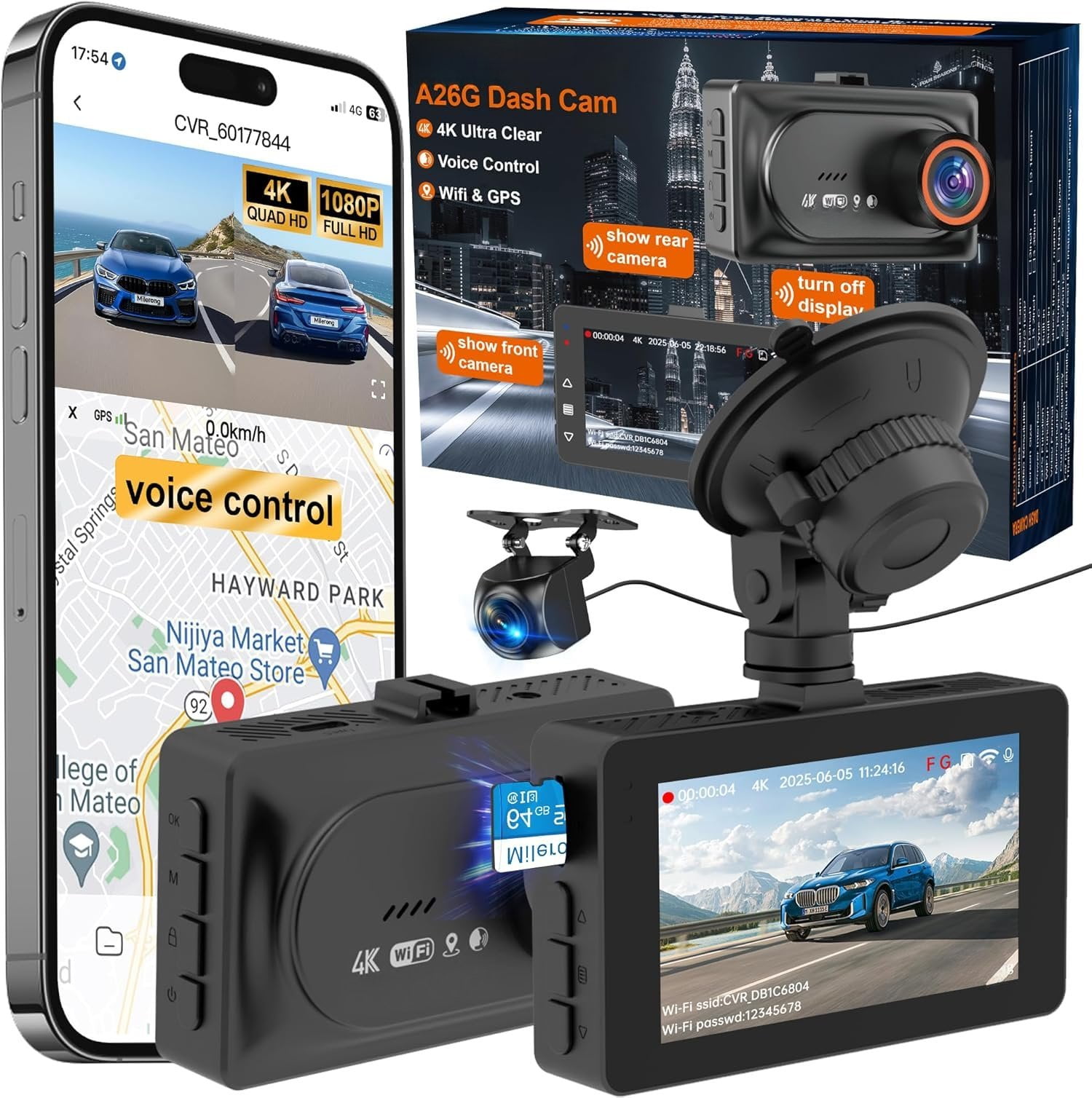 4K Dashcam Front and Rear Camera with Voice Control, Cameras Dash cam ...