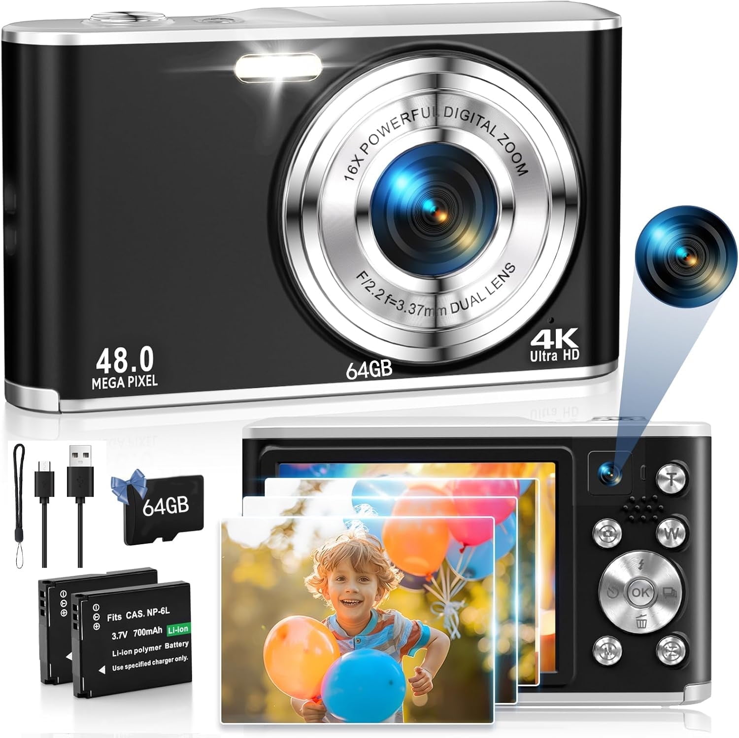 4K Digital Camera, 48MP Autofocus Camera Selfie with Front and Rear ...