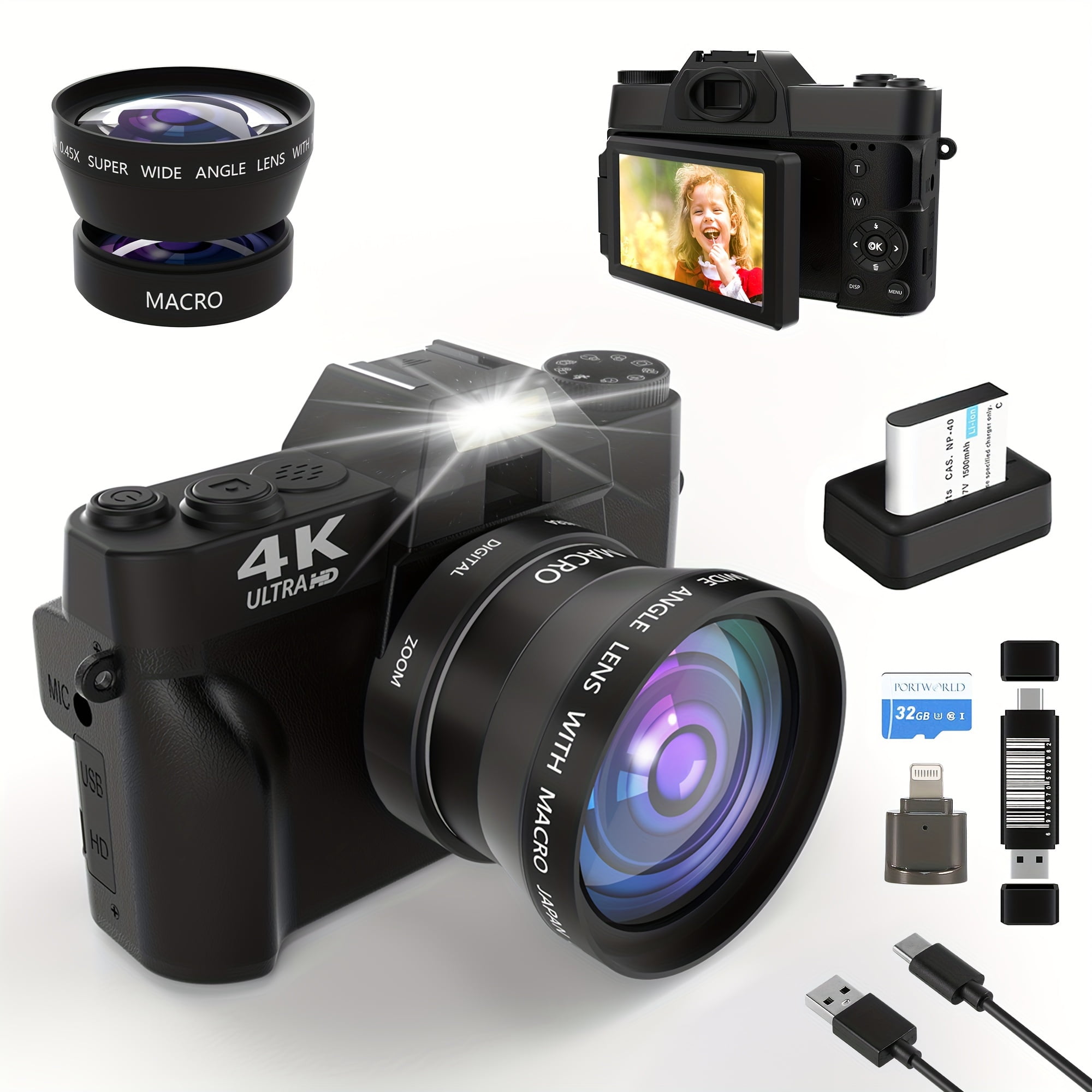 4K Digital Camera, 48MP Camera for with 3.0 Inches 180° Flip ...