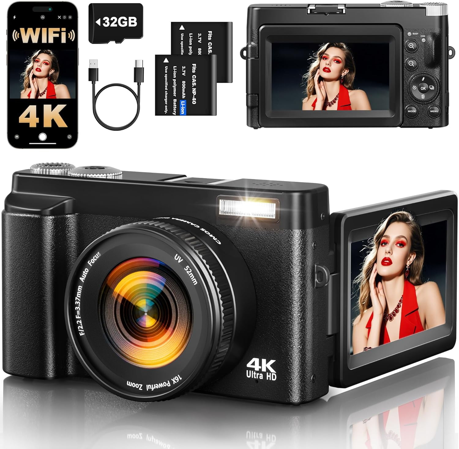 4K Digital Camera for Photography, 64MP Autofocus WiFi Vlogging Camera ...