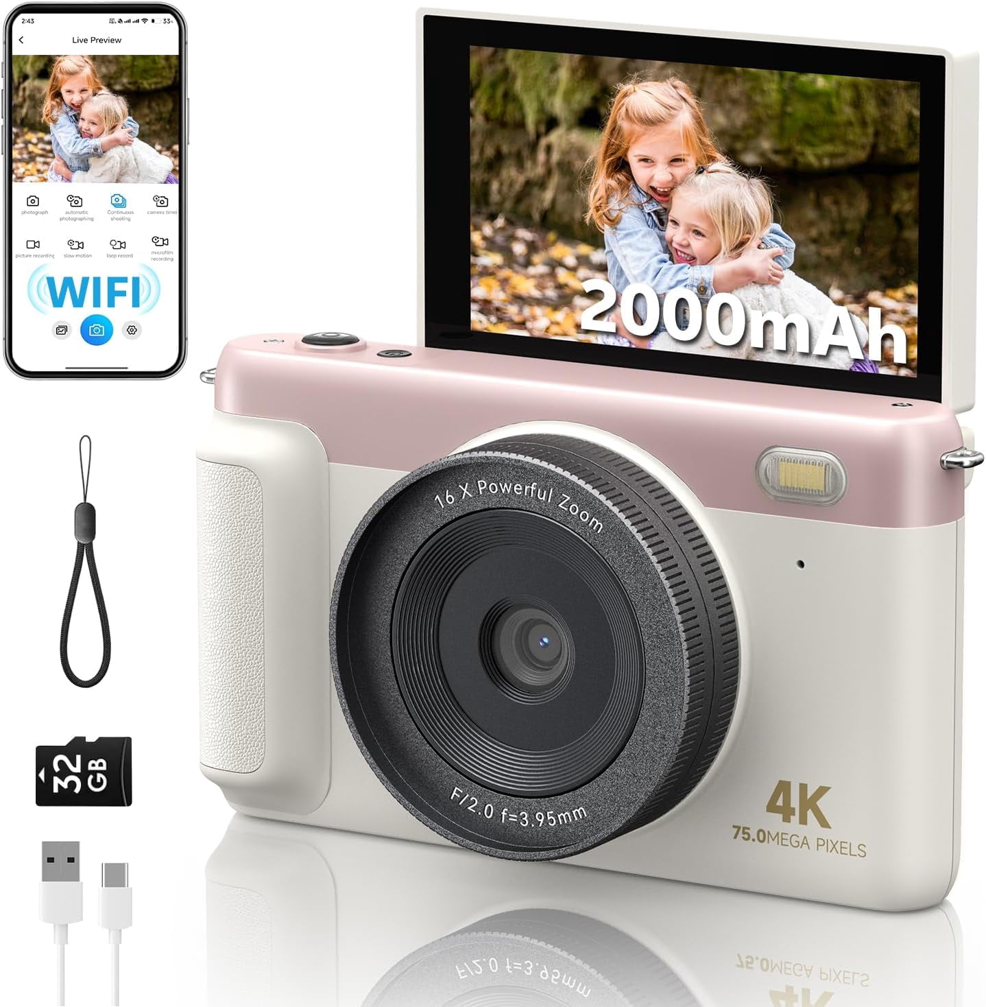 4K Digital Camera for Photography, 75MP WiFi Vlogging Camera for ...
