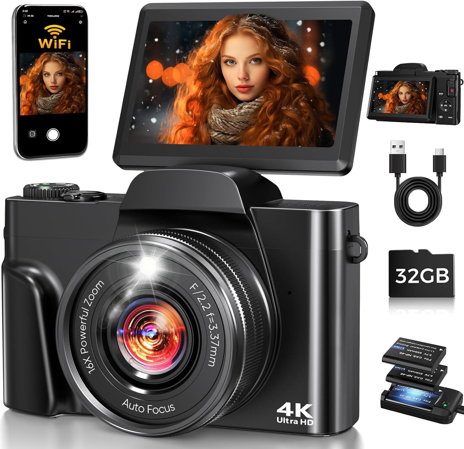 4K Digital Camera for Photography with WiFi,64MP Autofocus 3'' 180 ...