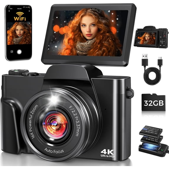4K Digital Camera for Photography with WiFi,64MP Autofocus 3'' 180 ...