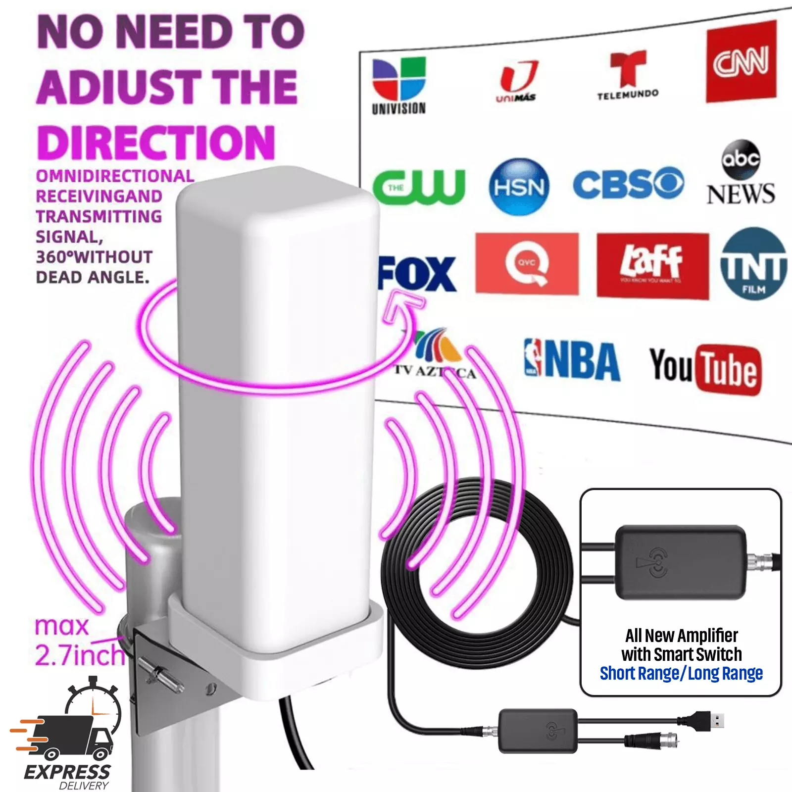 DHXING 4K Digital TV Antenna, 360° Rotation, 360 Miles Range, HDTV ...