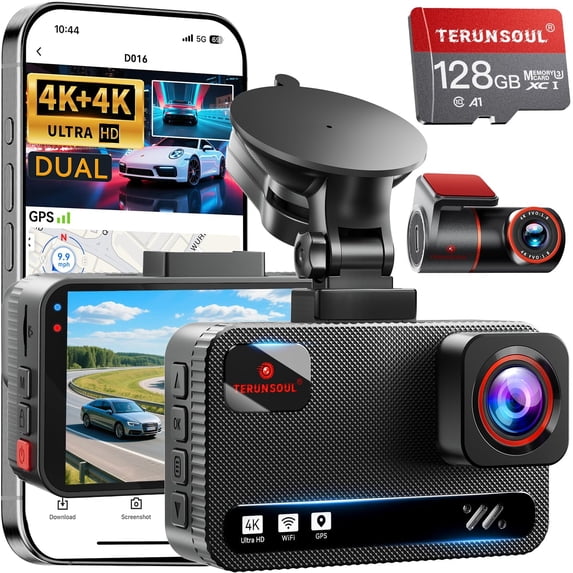 4K Dual Dash Cam with 128GB Card - Front & Rear Camera, WiFi, GPS, G ...