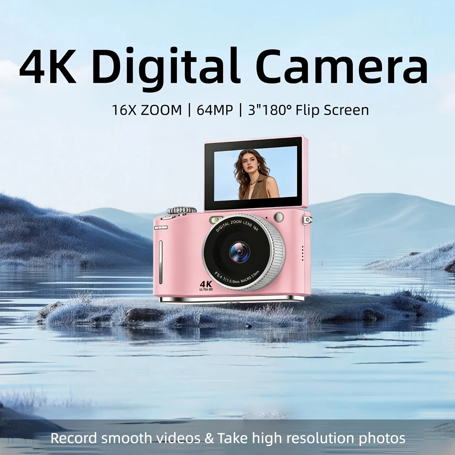 4K HD Digital Camera, 180° Flip Screen, Fill Light, 32GB Card, Filters ...