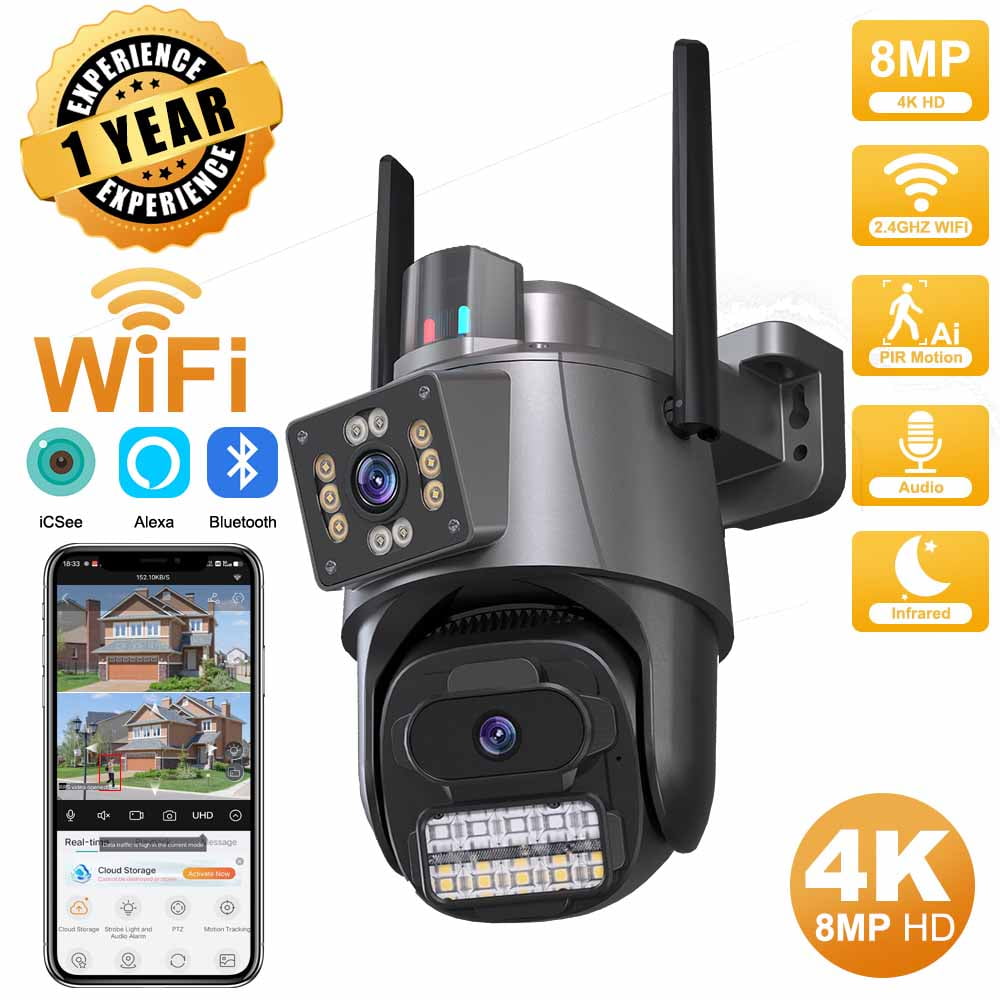 4K HD Dual Lens WIFI Camera 2K Dual Screen PTZ Camera Outdoor Auto ...