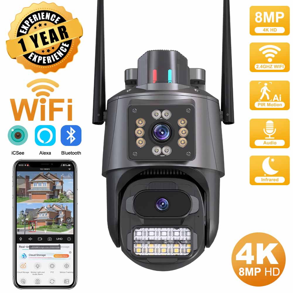 4K HD Dual Lens WIFI Camera 2K Dual Screen PTZ Camera Outdoor Auto ...